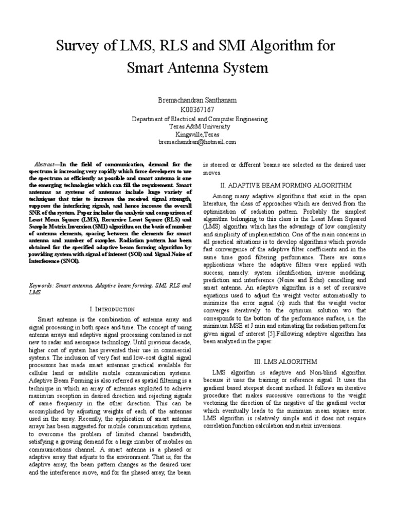 Survey of LMS, RLS and SMI Algorithm For Smart Antenna System | PDF ...