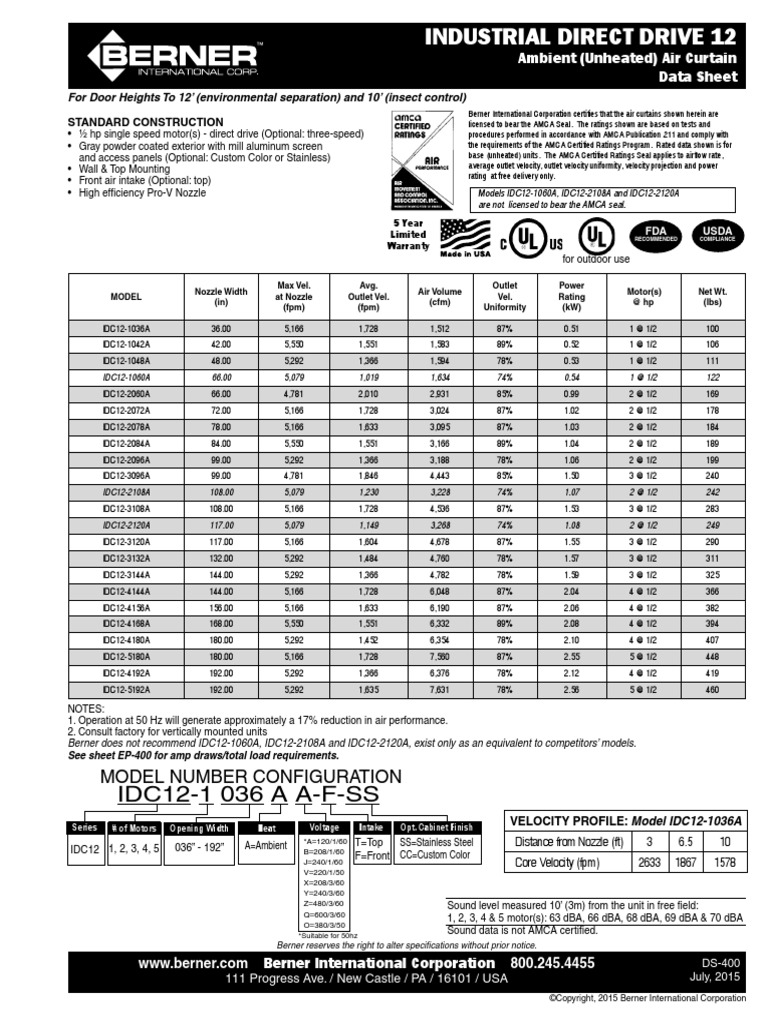 Berner Industrial Direct Drive 12 Ambient Air Curtain Data Sheet ...
