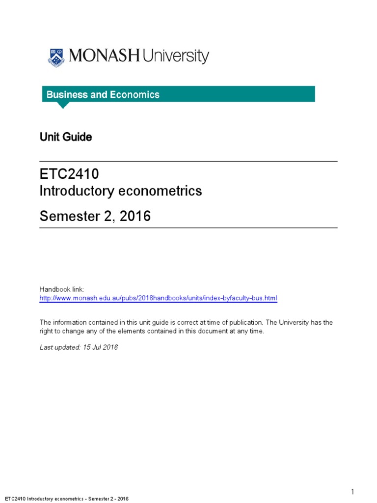 ETC2410 Introductory Econometrics Semester 2, 2016: Unit Guide | PDF ...