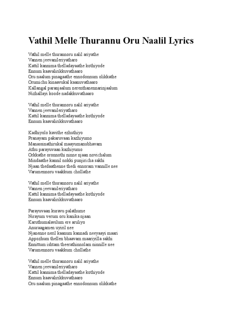 Vathil Melle Thurannu Oru Naalil Lyrics | PDF