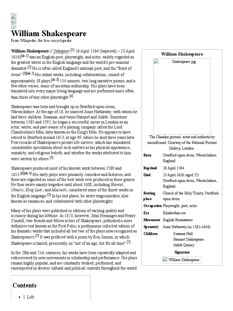 William Shakespeare - Wikipedia, The Free Encyclopedia | PDF ...