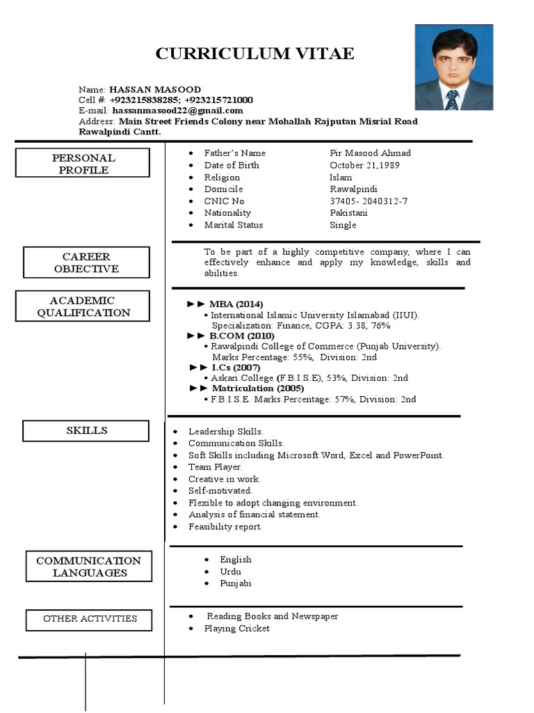 Hassan CV 1 Page | PDF