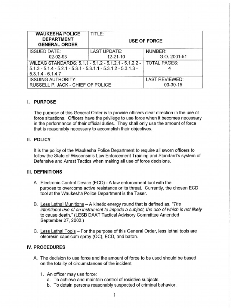 Waukesha Police Use of Force Policy | PDF | Deadly Force | Use Of Force