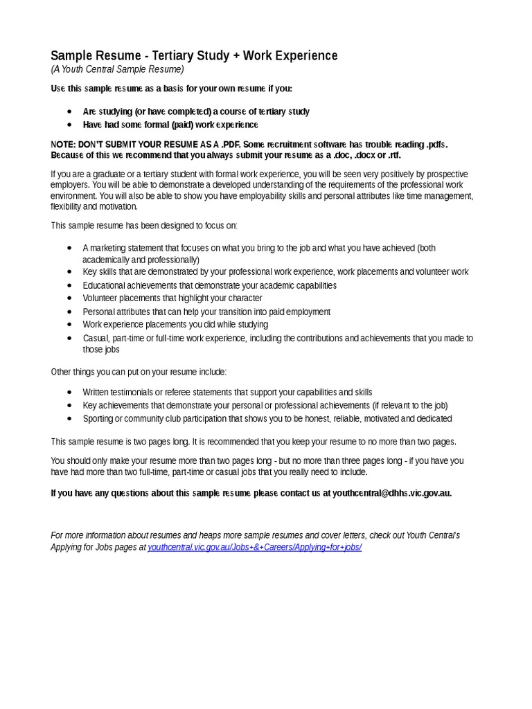 Sample Resume - Tertiary Study + Work Experience | PDF | Résumé ...
