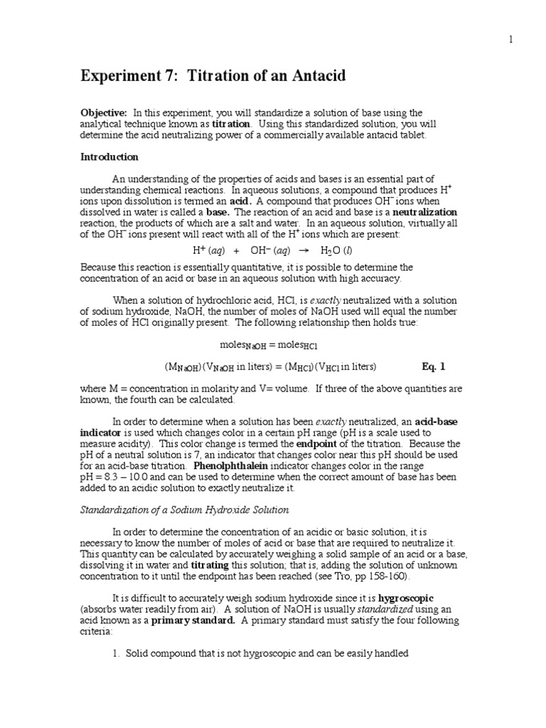 Antacid Titration Experiment Guide | PDF | Ph | Titration