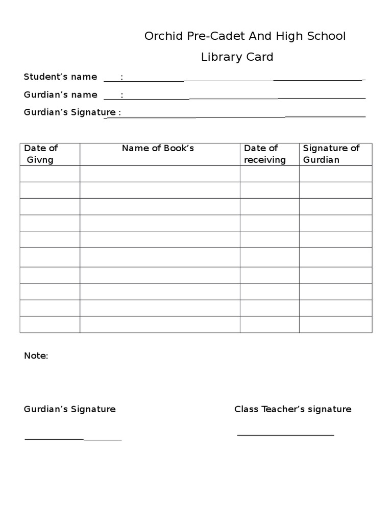 Orchid Pre-Cadet and High School Library Card: Student's Name: Gurdian ...