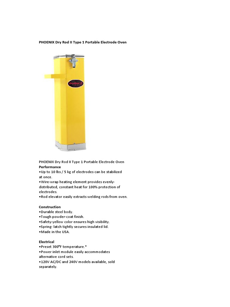 Welding Oven PHOENIX Dry Rod II Type 1 Portable Electrode Oven 5Kg | PDF