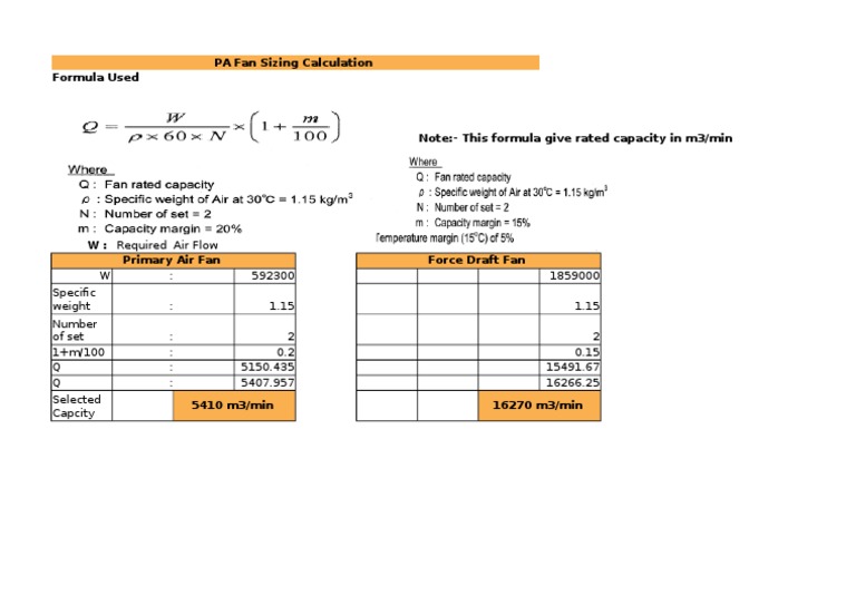 PA Fan Sizing Calculation Formula Used | PDF