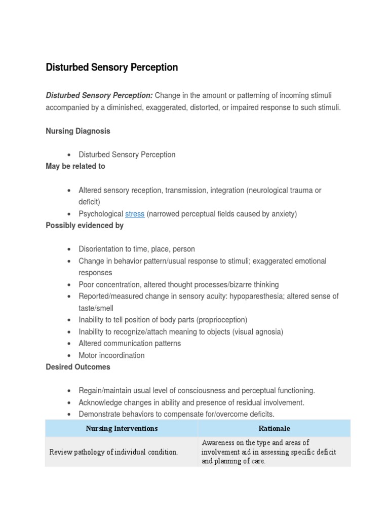 Disturbed Sensory Perception | PDF | Senses | Perception