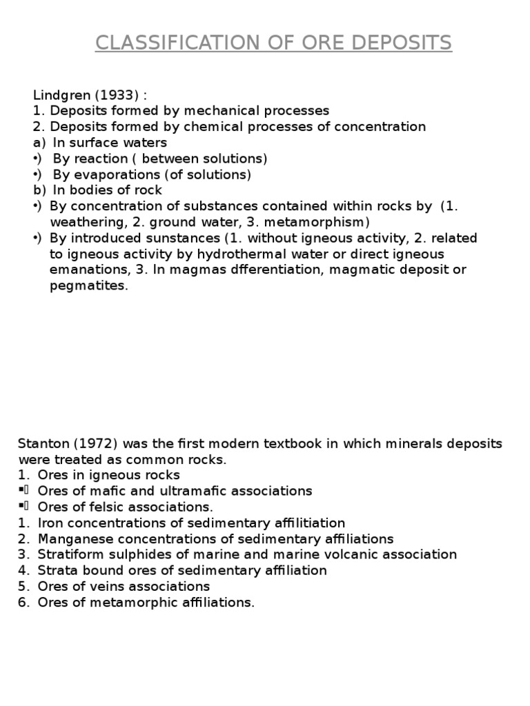 Classification of Ore Deposits: Lindgren and Stanton Models | PDF