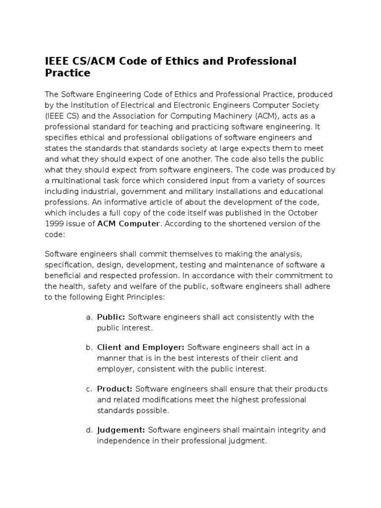 IEEE CS/ACM Code of Ethics and Professional Practice | PDF