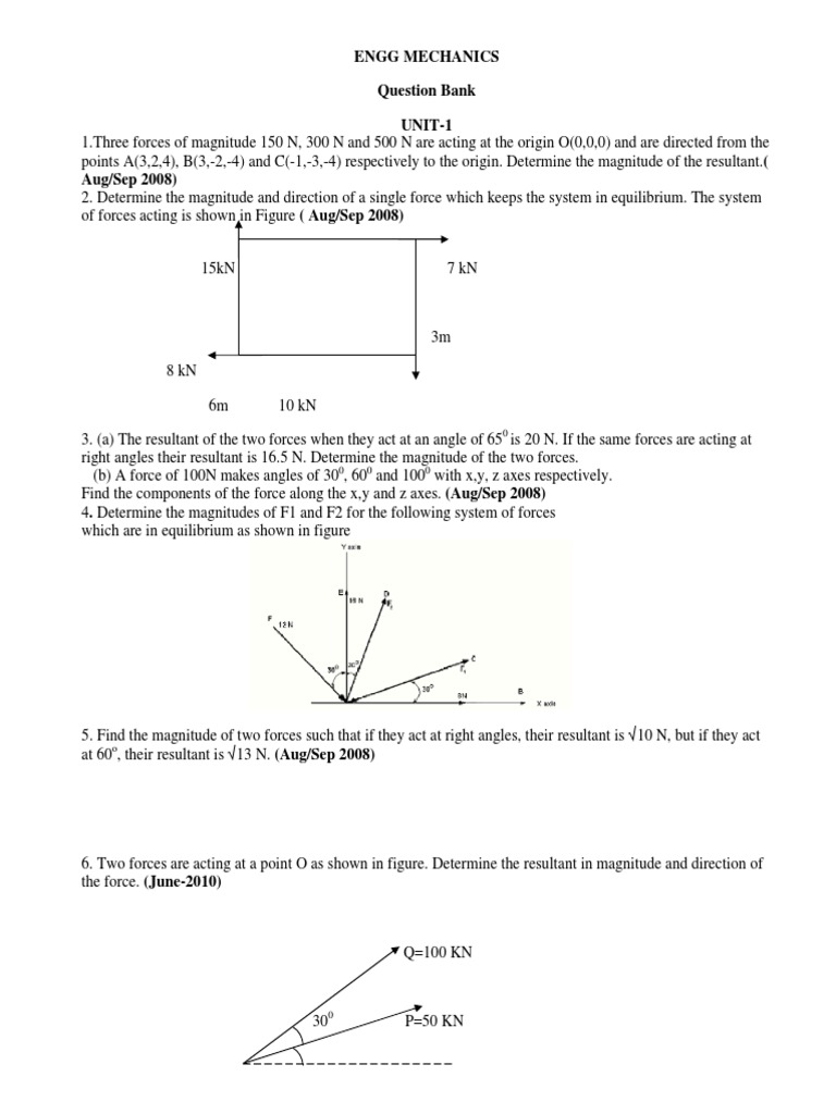 Engg Mechanics Question Bank UNIT-1 | PDF | Acceleration | Mass