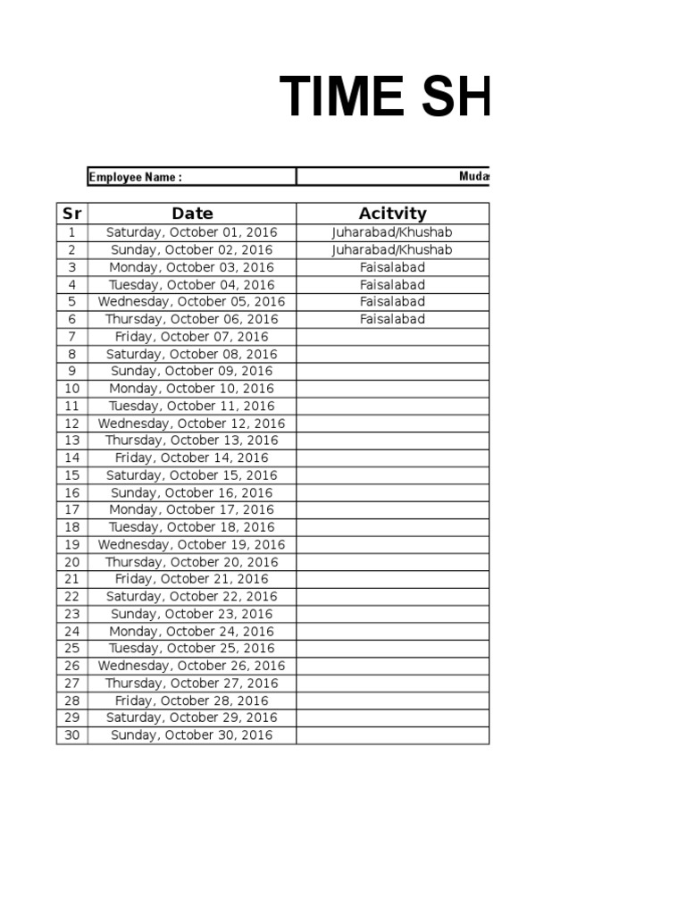 April 2016 Employee Time Sheet | PDF