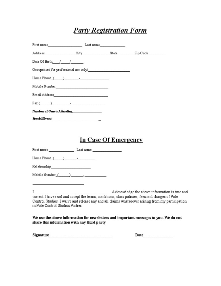 Party Registration Form: In Case Of Emergency