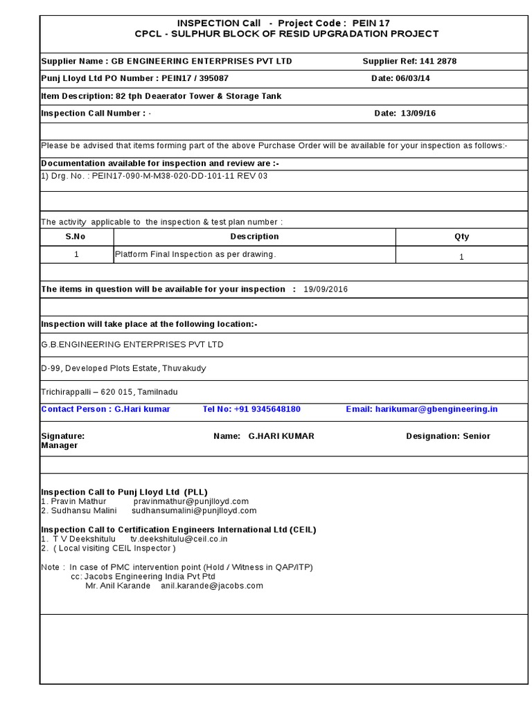Inspection Call Format - CPCL SRU Project | PDF