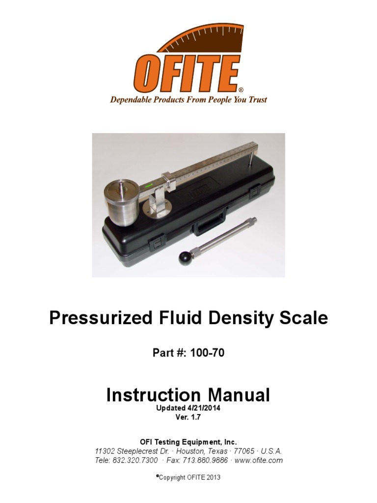 Pressurized Fluid Density Scale Instruction Manual: Part #: 100-70 ...