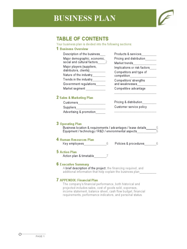 Business Plan: Your Business Plan Is Divided Into The Following ...