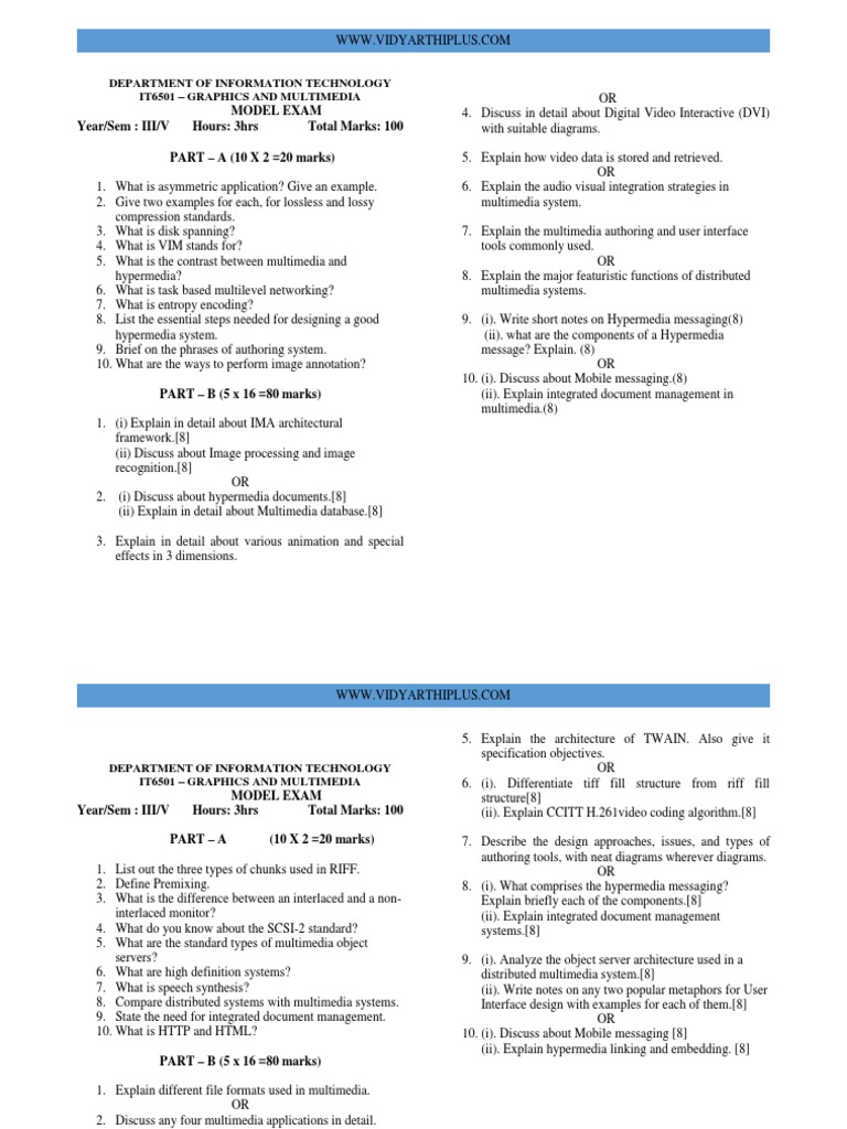 Model Exam Questions on Graphics and Multimedia Topics Covering Image Processing, Hypermedia ...
