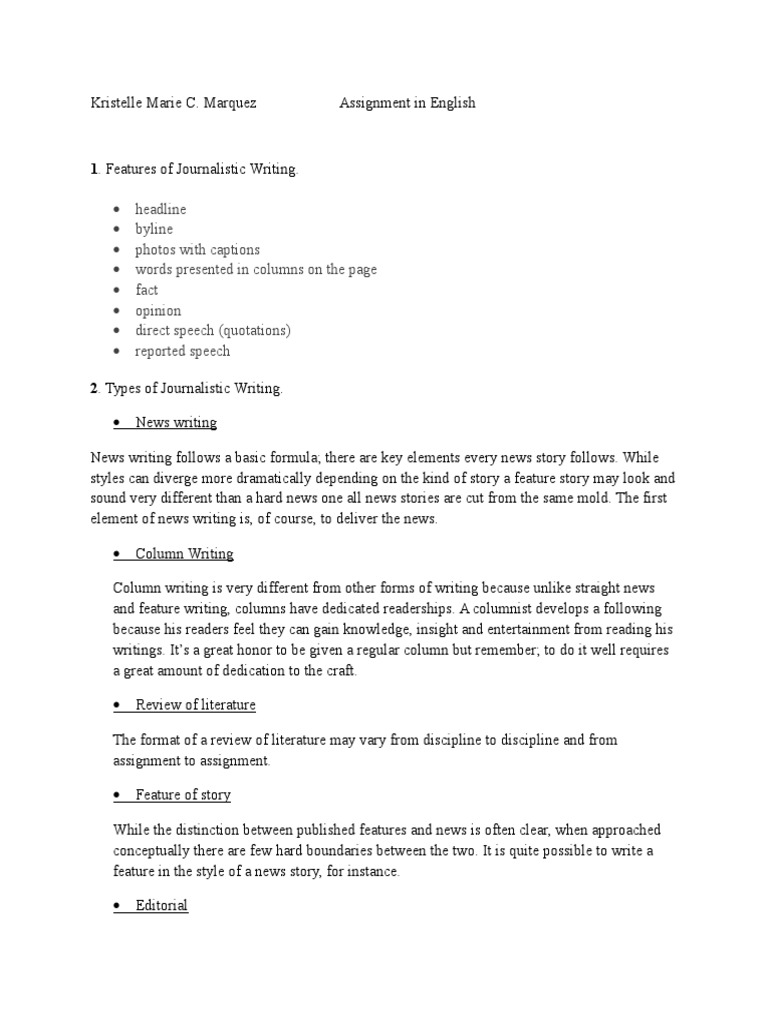 Features and Types of Journalistic Writing | PDF
