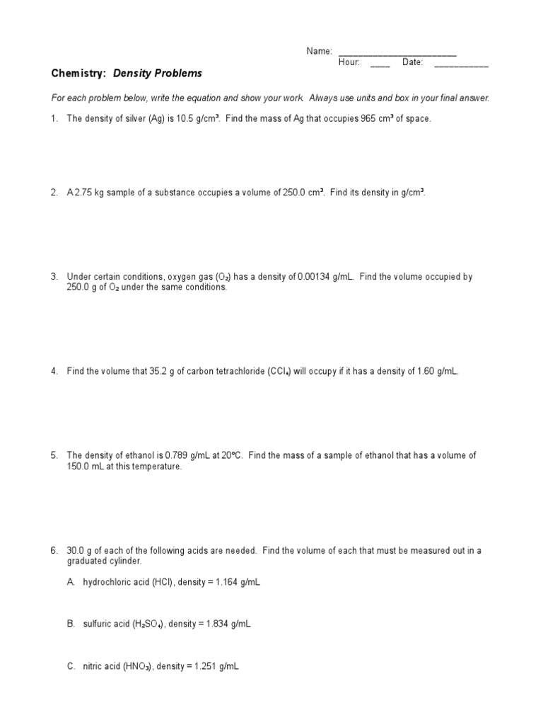 Chemistry Density Problems Worksheet: Calculating Masses, Volumes, and ...