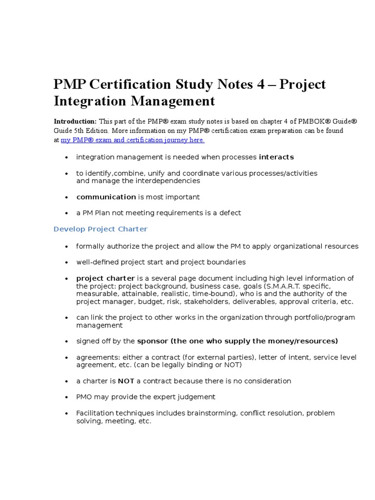 PMP Certification Study Notes 4 - Project Integration Management | PDF ...