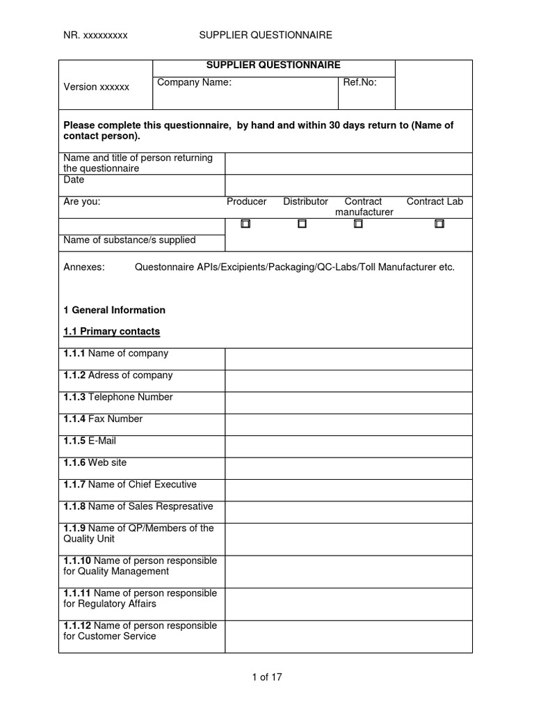 Supplier Questionnaire | PDF | Calibration | Warehouse