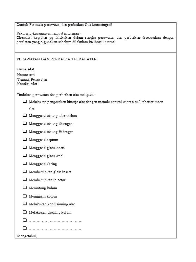 Contoh Formulir Perawatan Dan Perbaikan Gas Kromatografi | PDF