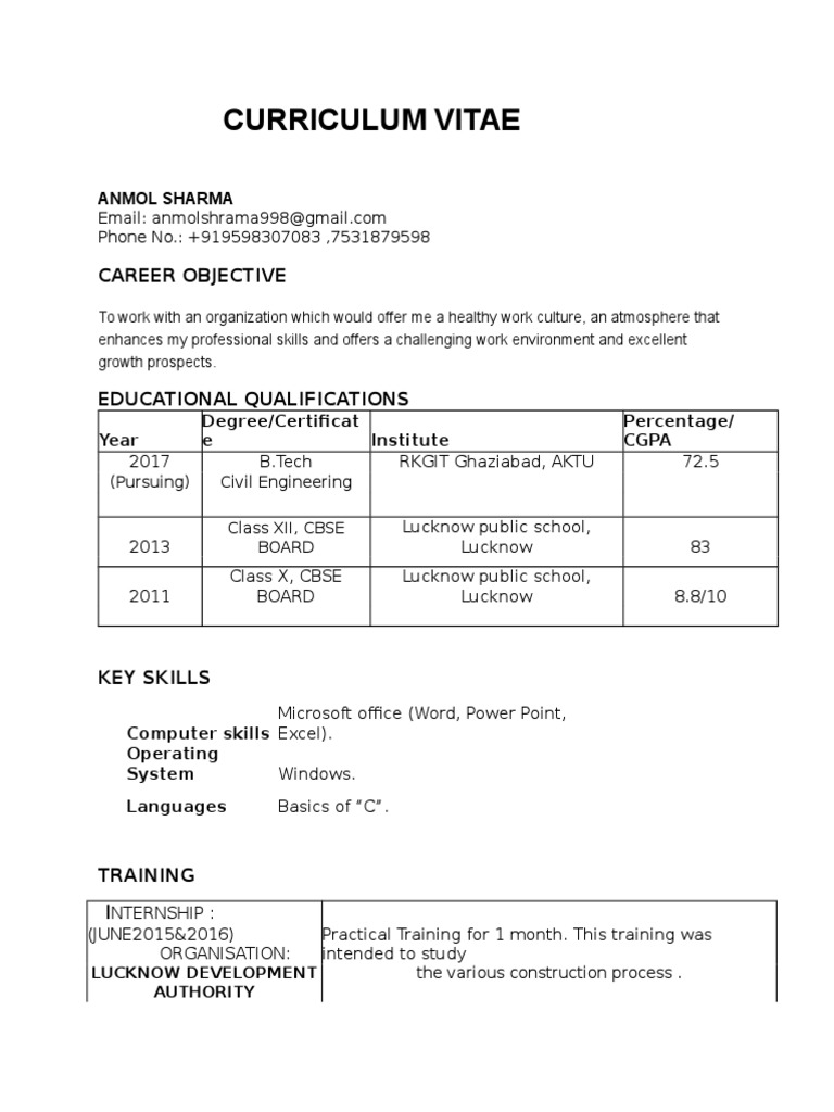 Curriculum Vitae: Career Objective | PDF