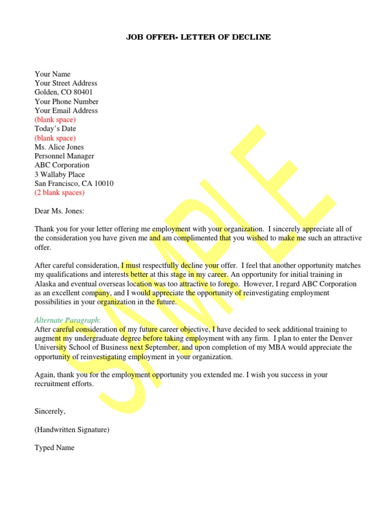 Job Offer-Letter of Decline | PDF
