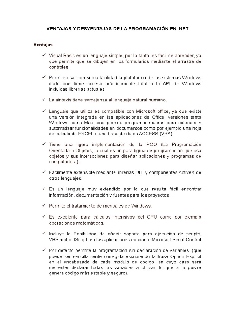 Ventajas y Desventajas de Visual Net | Descargar gratis PDF | Lenguaje ...
