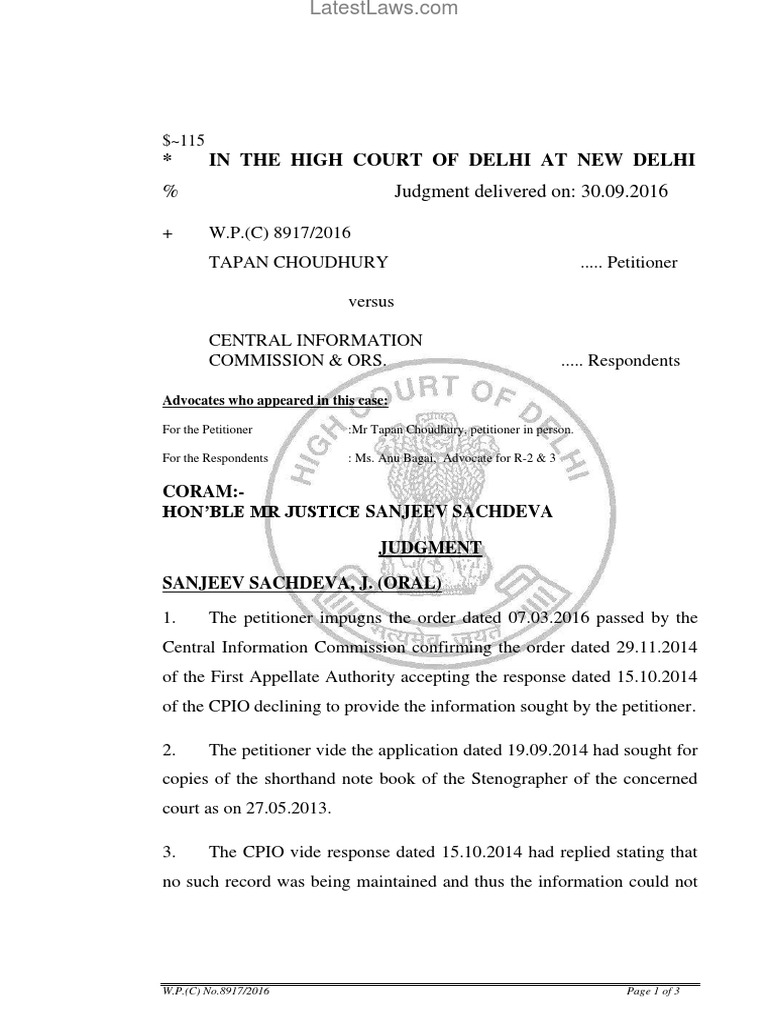 Delhi High Court Judgment On Shorthand Notes Not Covered Under RTI ...