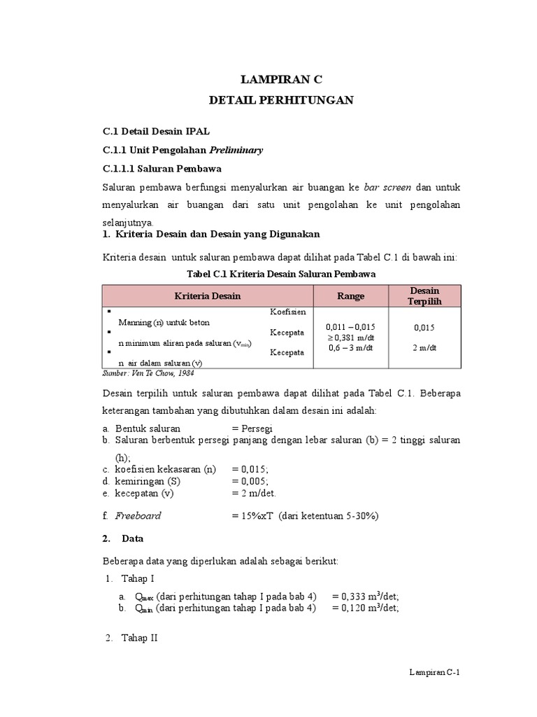 DESAIN SALURAN PEMBAWA DAN BAR SCREEN IPAL | PDF