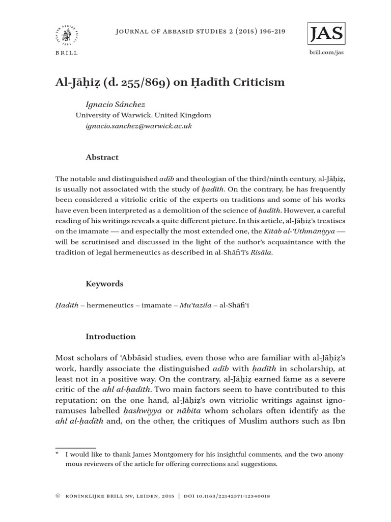 (Ignacio Sanchez) Al-Jahiz and Hadith Criticism | PDF | Hadith ...