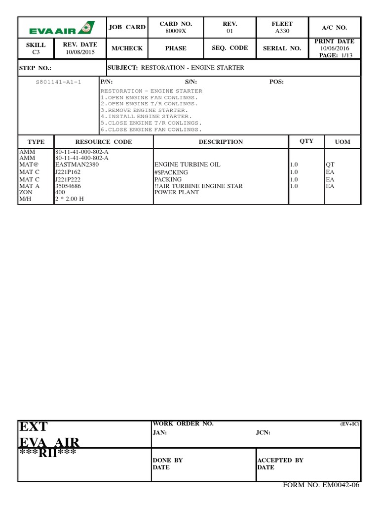 EXT Eva Air: Job Card | PDF | Transmission (Mechanics) | Mechanical ...