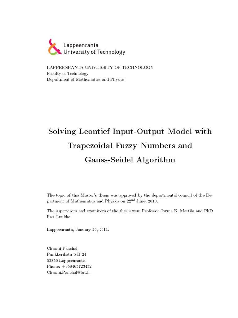 Solving Leontief IOModel With Trapezoidal Fuzzy Numbers and Gauss-Seidel Algorithm | PDF | Fuzzy ...