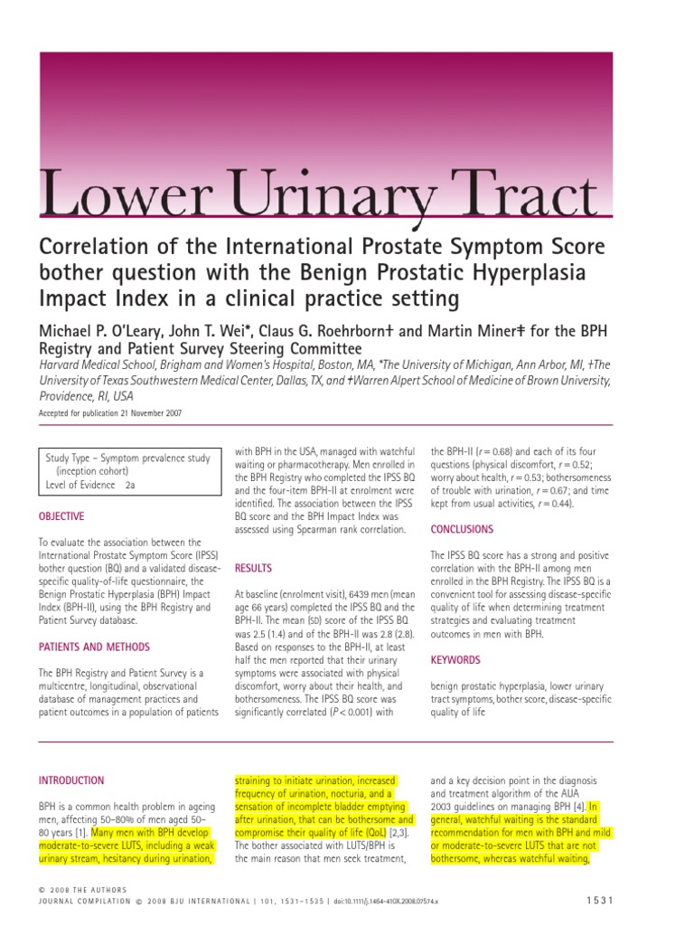 Correlation of The International Prostate Symptom Score Bother Question ...
