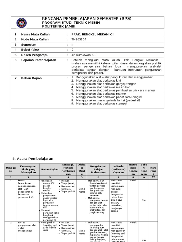 Rps Prak. Bengkel Mekanik I | PDF