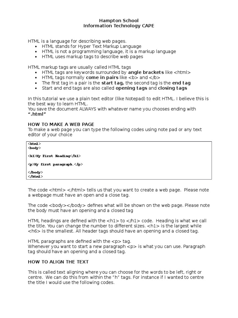 Cape Notes Unit 2 How To Make A Webpage | PDF | Html | Html Element