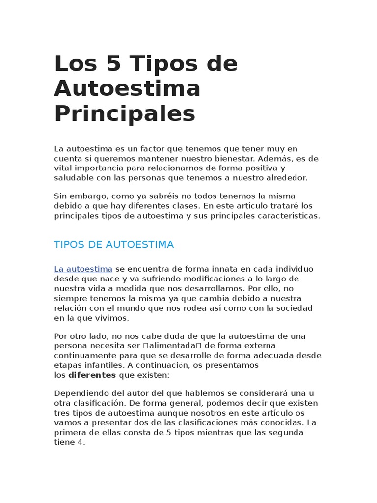 Los 5 Tipos de Autoestima Principales | Descargar gratis PDF ...