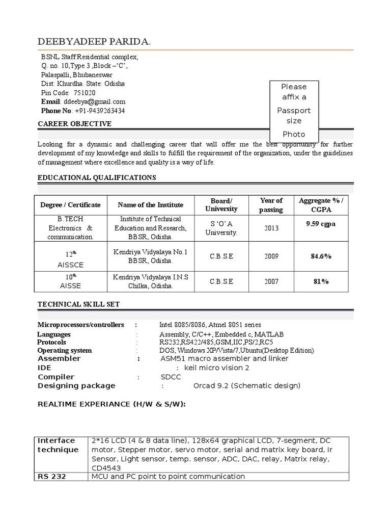 Deebyadeep Parida Resume Embedded Systems | PDF | Microcontroller | Embedded System