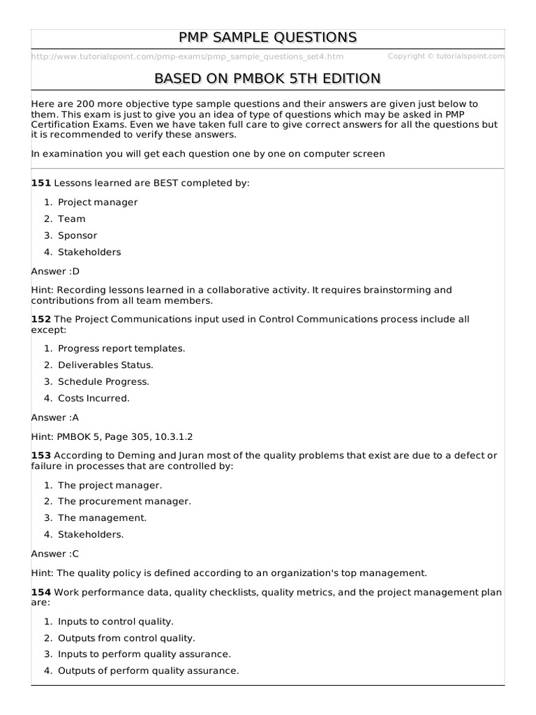 PMP Sample Questions Based On Pmbok 5Th Edition | PDF | Quality Management | Quality (Business)