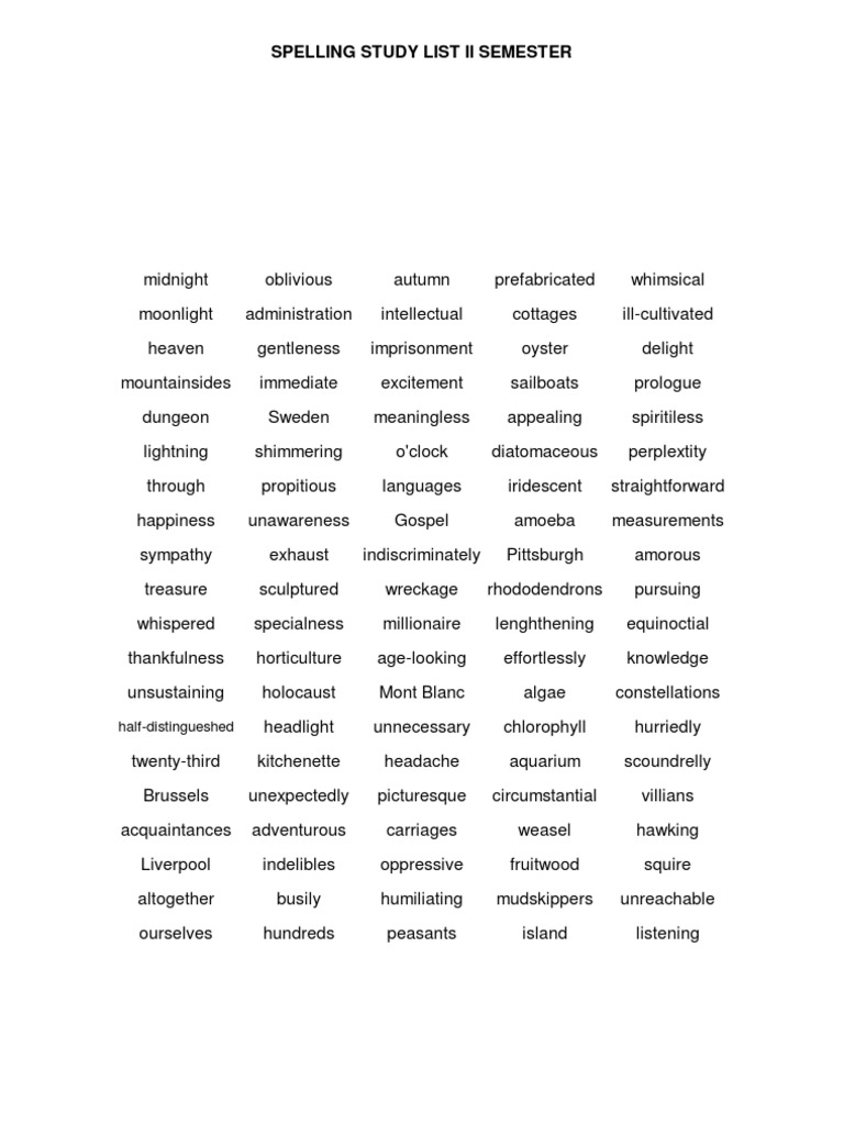 Spelling Study List Ii Semester: Half-Distingueshed | PDF | Nature