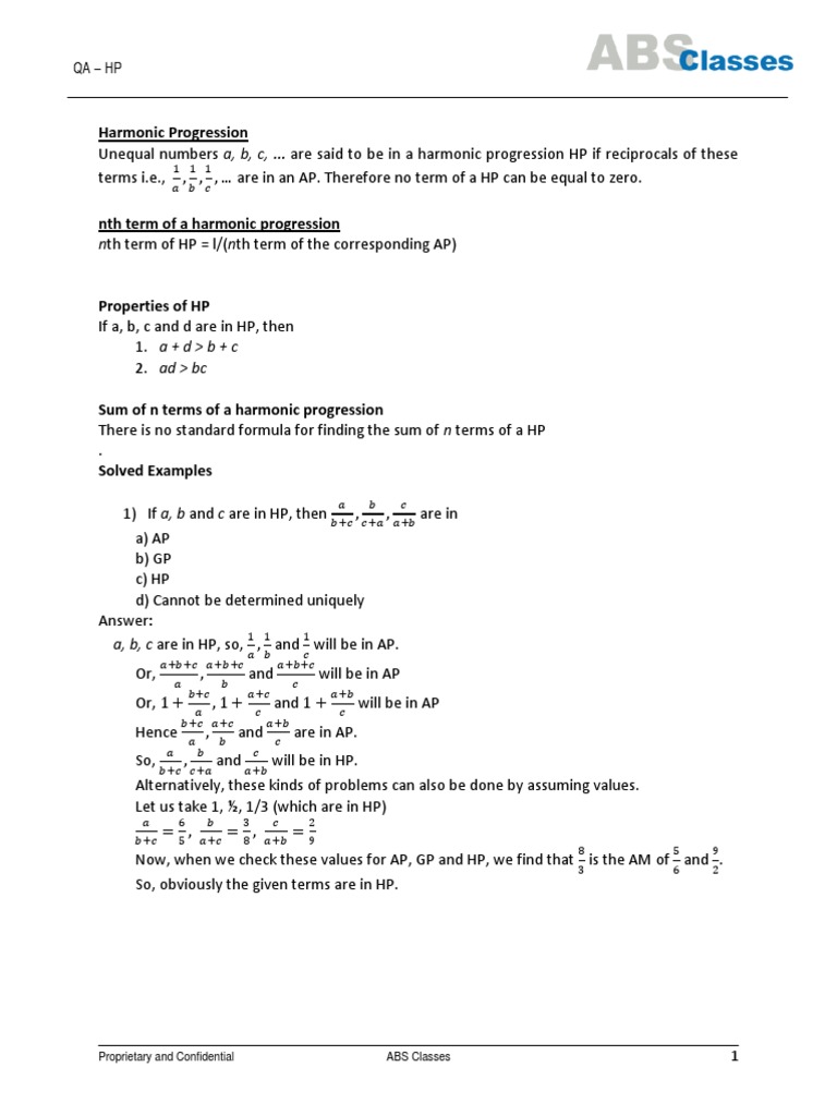 Harmonic Progression: NTH Term of HP L/ (NTH Term of The Corresponding ...
