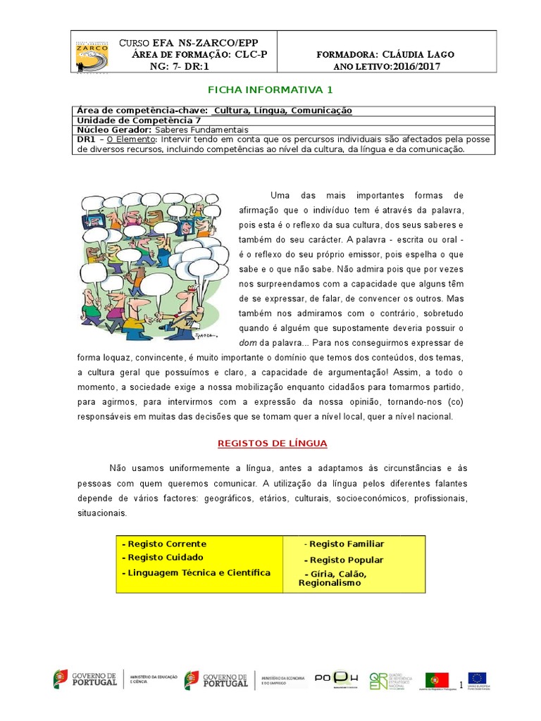 Ficha Inf 1 NG7 DR1 Níveis de Língua1 | PDF | Palavra | Linguística