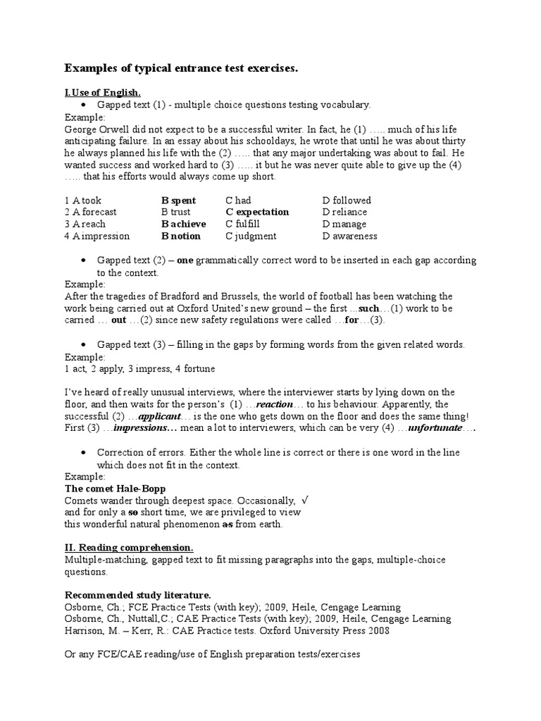 Sample Exercises for Entrance Tests: Examples of Gapped Texts, Error ...