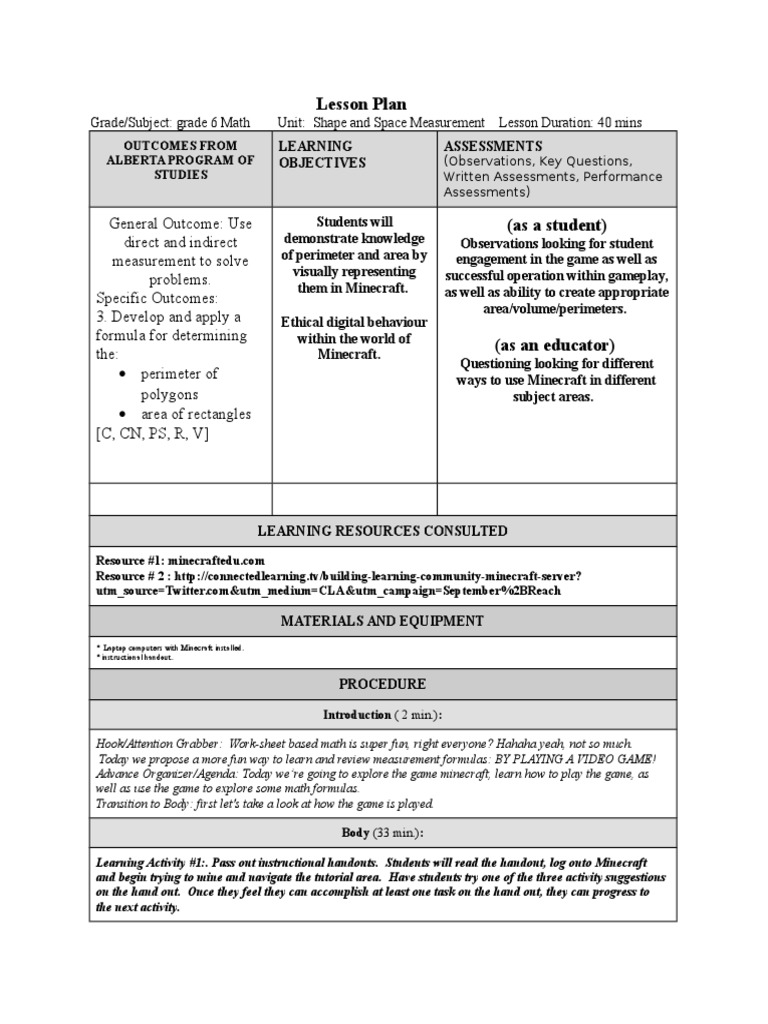Lesson Plan and Info Sheets For Minecraft | PDF | Minecraft ...