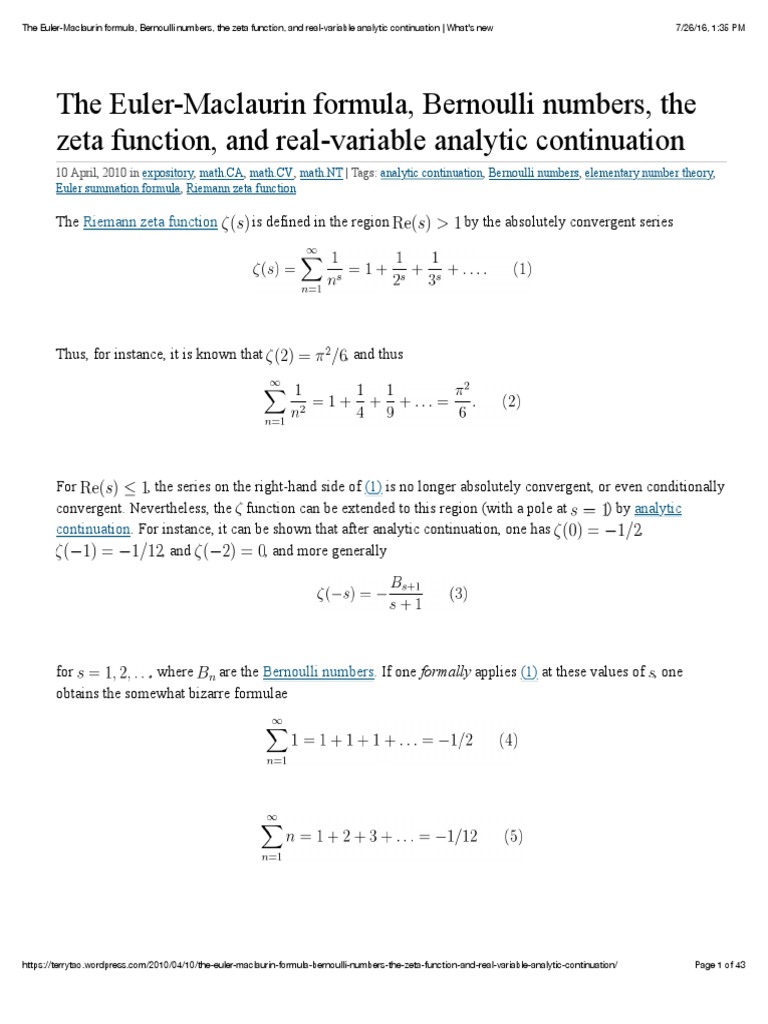 The Euler-Maclaurin Formula, Bernoulli Numbers, The Zeta Function, and Real-Variable Analytic ...