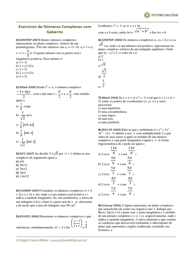 Numeros Complexos - Exercícios.pdf | Complex Number | Equations