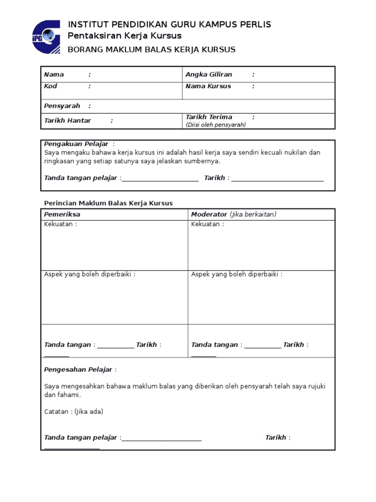 Borang Maklum Balas Pelajar IPG Perlis | PDF
