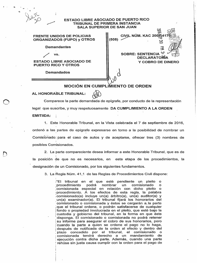 Moción en Cumplimiento de Orden (Abogado Estado) Caso Esacala Salarial ...